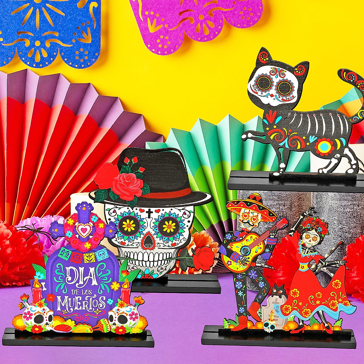 HOWAF 4PCS Day of The Dead Centerpiece, Dia De Los Muertos Wooden Table Topper with Sugar Skull Dancing Ghost Skeleton Couple Skeleton Cat Sacrificial Altar for Day of The Dead Table Decorations