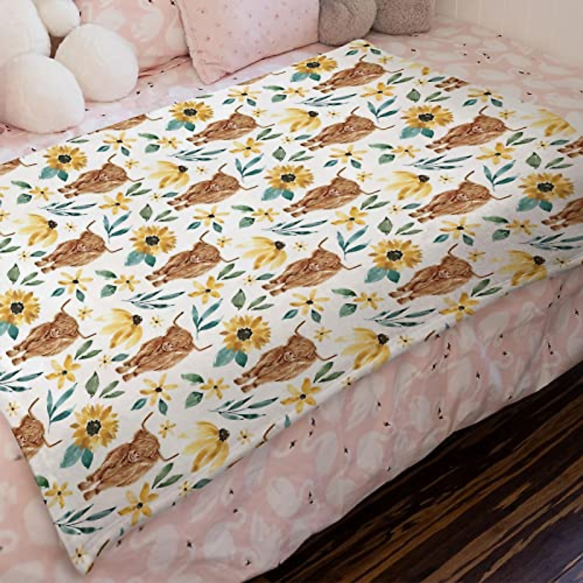HawSkgFub Boho Highland Cow Sunflower Baby Blanket Girls Gift, Farm Animal Floral Yak Nursery Flannel Fleece Bed Swaddle Receiving Blankets, Flower Soft Newborn Toddler Infant Kid Crib Bedding 30 x 40
