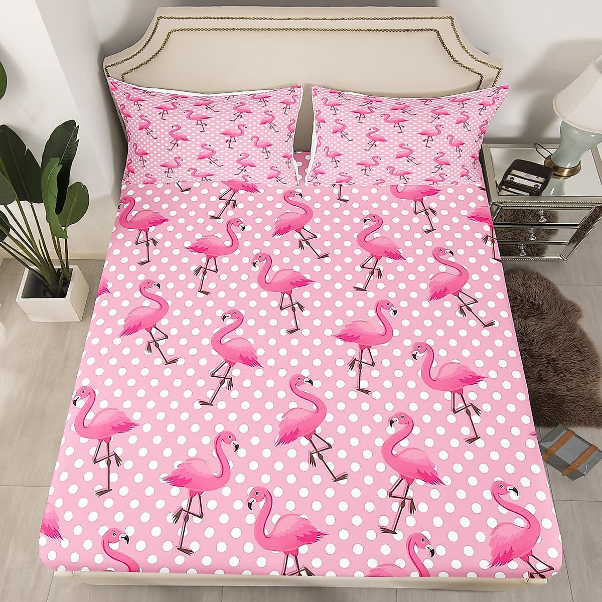 Erosebridal Pastel Pink Sheet Set Twin Size Cute Flamingo Fitted Sheet for Kids Child,Little Girls Cartoon Wild Animal Bed Sheets Wetland Wildlife White Dots Top Sheet Kawaii Room Decor