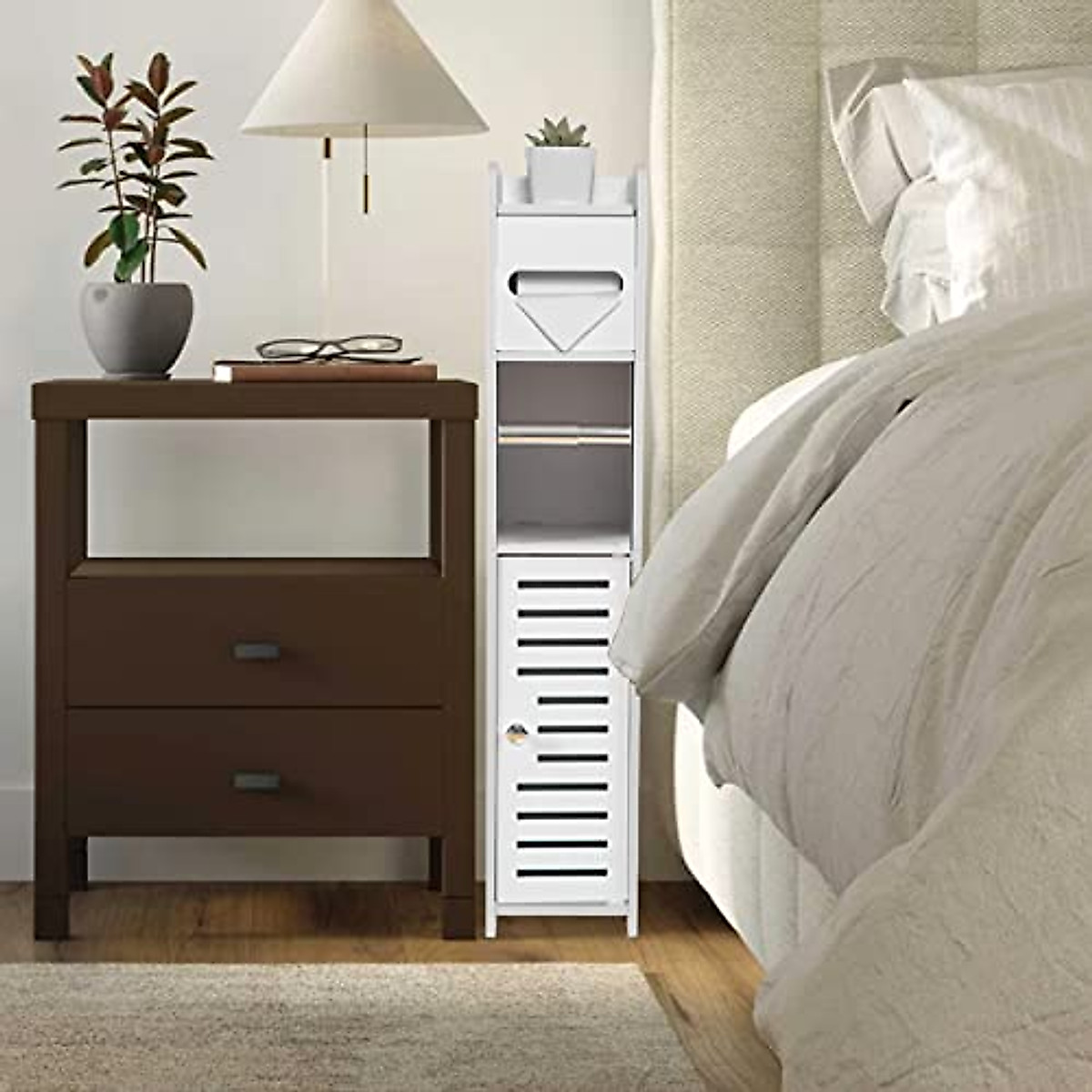 TUOXINEM Small Bathroom Storage Cabinet with One Rod for Small Spaces,Over The Toilet Storage Cabinet for Bathroom Storage,Slim Toilet Paper Storage Cabinet with 4 Tier Design,Fit Mega Roll (White)