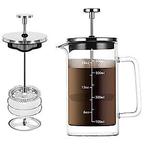 Upspirit French Press Coffee Maker, Coffee Presses Glass Double Wall Insulated Hot Cold Brew Coffee Tea Maker, 4 Cup Espresso Pot With 3 Filters, 20 oz/600ml