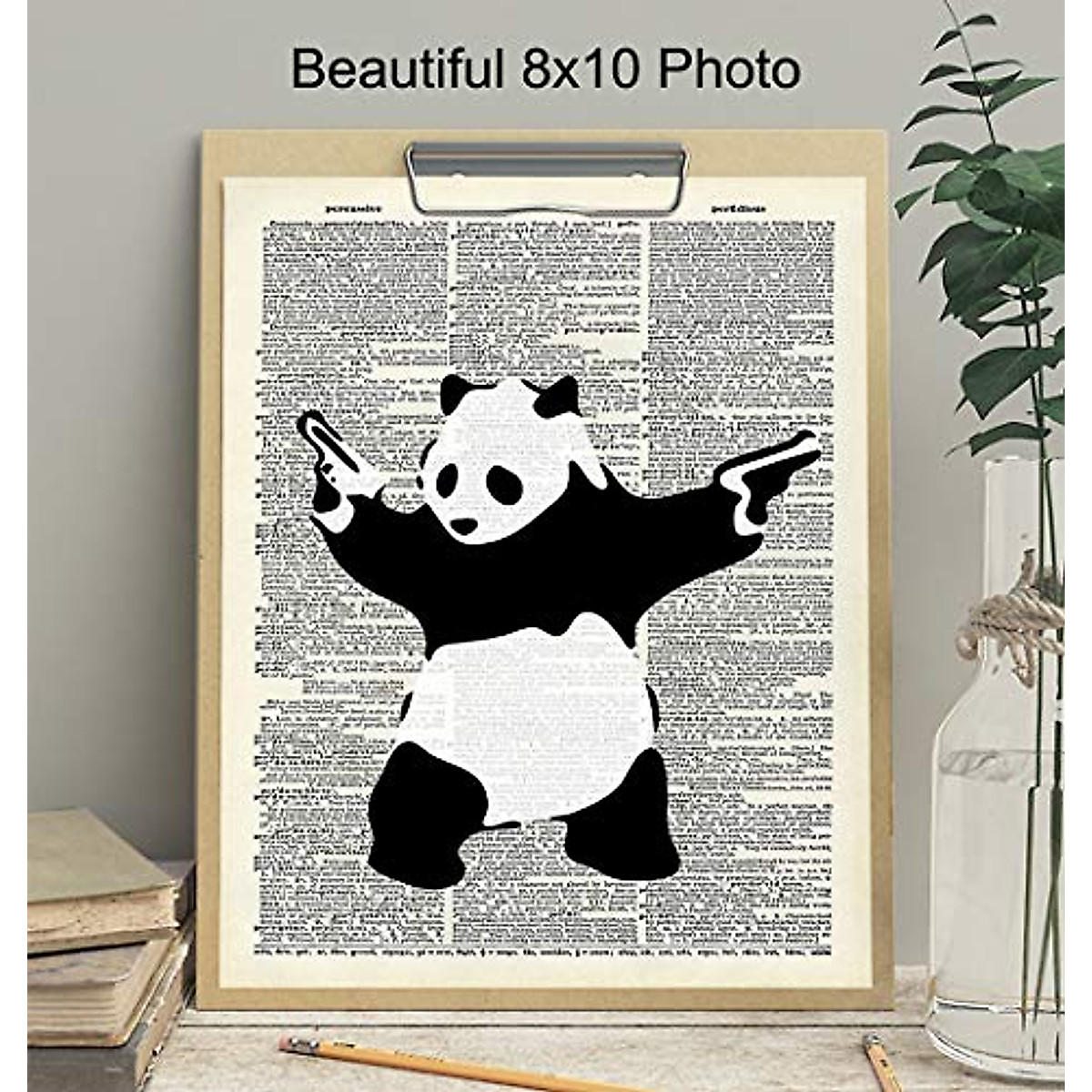 Banksy Shooting Panda Poster - 8x10 Graffiti Wall Art, Home Decor, Decoration - Cool Urban Street Art for Bedroom, Apartment, Living Room - Gift for Men, Boys, Teens, Guns or Firearms Fans -UNFRAMED