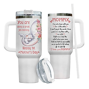 34HD First Mothers Day Gifts, Elephant Mom Tumbler with Handle and Straw 40oz Stainless Steel, Cute Baby Animal Gifts for New Mom, Mama Coffee Travel Mug