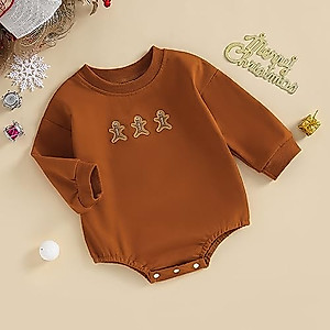 Amiblvowa Unisex Baby Girl Boy Christmas Outfit Long Sleeve Oversized Crewneck Sweatshirt Shirt Bubble Romper Xmas Clothes (Cookie Brown, 12-18 Months)