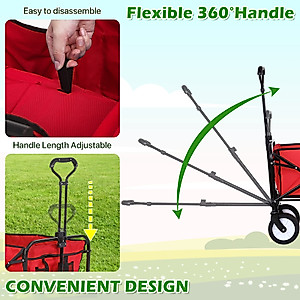 HKLGorg Folding Wagon with Wheels - Heavy Duty Beach & Outdoor Grocery Wagon, Portable & Collapsible Utility Wagon with Handle for Camping, Red