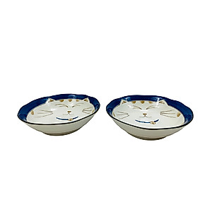 JapanBargain, Japanese Porcelain Shallow Soup Bowl for Dinner Lunch Rice Poke Donburi Udon Ramen Noodle Pasta Cereal Maneki Neko Lucky Cat Pattern for Cat Lovers Made in Japan, Blue (4, 6.75-inch)