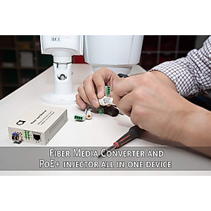 PoE Fiber Single Mode LC Gigabit Ethernet Media Converter - Supplies IEEE 802.3 PoE & PoE+ PSE Power & Extends Distance Over Fiber up 20km (12.42 Miles) - 10/100/1000 Autosensing UTP LAN Port