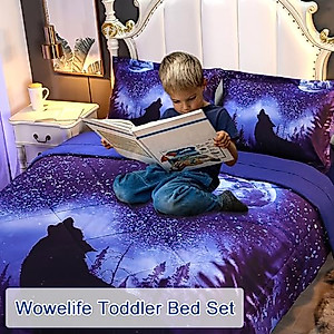 Wowelife Wolf Comforter Set Bedding Set Twin Blue 5 Pieces Forest Bedding Set Wolf Bed Set Twin Kids Bed in a Bag for Boys and Girls with Sheet Sets, Super Breathable Soft
