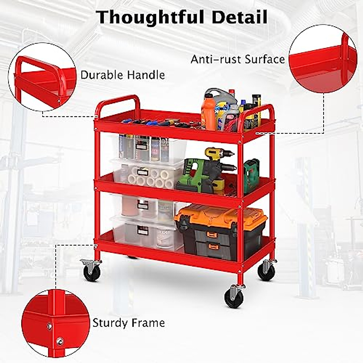 Goplus Service Cart, Heavy Duty 3-Tier Utility Cart with Flat Handle, 2 Lockable Universal Wheel, 400 lbs Capacity, Rolling Tool Cart for Garage, Kitchen, Hotel, Office, Workshop, Restaurant