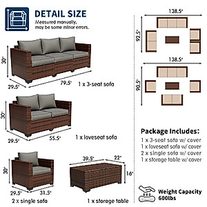 UDPATIO Outdoor Patio Furniture Set 5 Piece Wide Armrest Rattan Patio Sofa Sets w/Storage Table and Waterproof Covers for Poolside Deck Backyard, Grey
