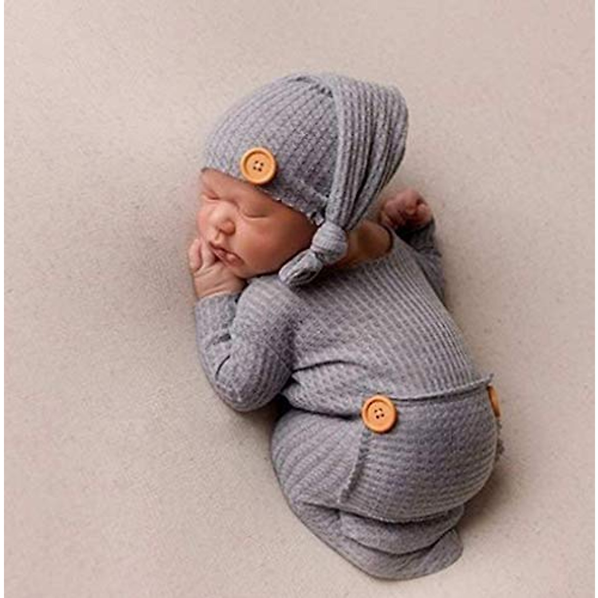 Fashion Newborn Boys Girls Baby Photo Shoot Props Outfits Crochet Clothes Long Tail Hat Pants Photography Props (gray)