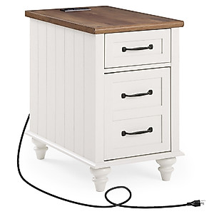 WAMPAT End Table with Charging Station, White Side Table with Storage Cabinet and Drawer, Wood Nightstand with Power Outlets & USB Ports for Bedroom, Living Room
