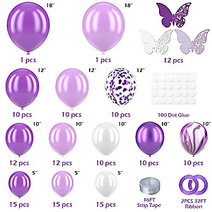 Labeol 148Pcs Purple Balloons 18/12/10/5 Inch Balloon Garland Arch Kit Lavender White Metallic Confetti Latex Balloons Butterfly Decorations for Party Birthday Wedding Baby Shower Decoration