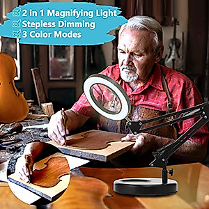 10X Magnifying Glass with Light and Stand, KIRKAS 2-in-1 Stepless Dimmable LED Magnifying Desk Lamp with Clamp, 3 Color Modes Lighted Magnifier Swivel Arm Light for Reading, Craft, Close Works -Black
