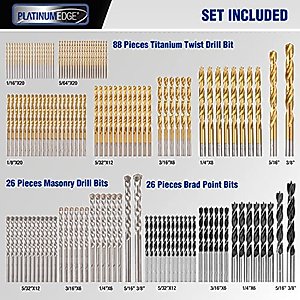 PLATINUMEDGE 140PC Multi-Purpose Drill Bits Set, 88PC Titanium Twist Drill Bits 26 Pieces Masonry Drill Bits 26 Pc Brad Point Drill Bits, with Hard Storage Case, for Wood, Metal, Masonry, etc.