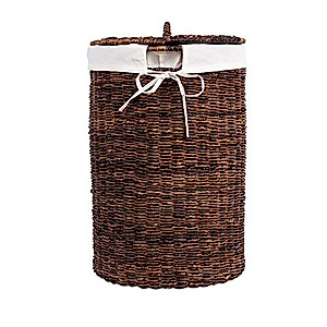 BirdRock Home Abaca Laundry Hamper with Liner - Round Clothes Bin with Lid - Organize Laundry - Cut-Out Handles for Easy Transport - Includes Machine Washable Canvas Liner (Espresso)