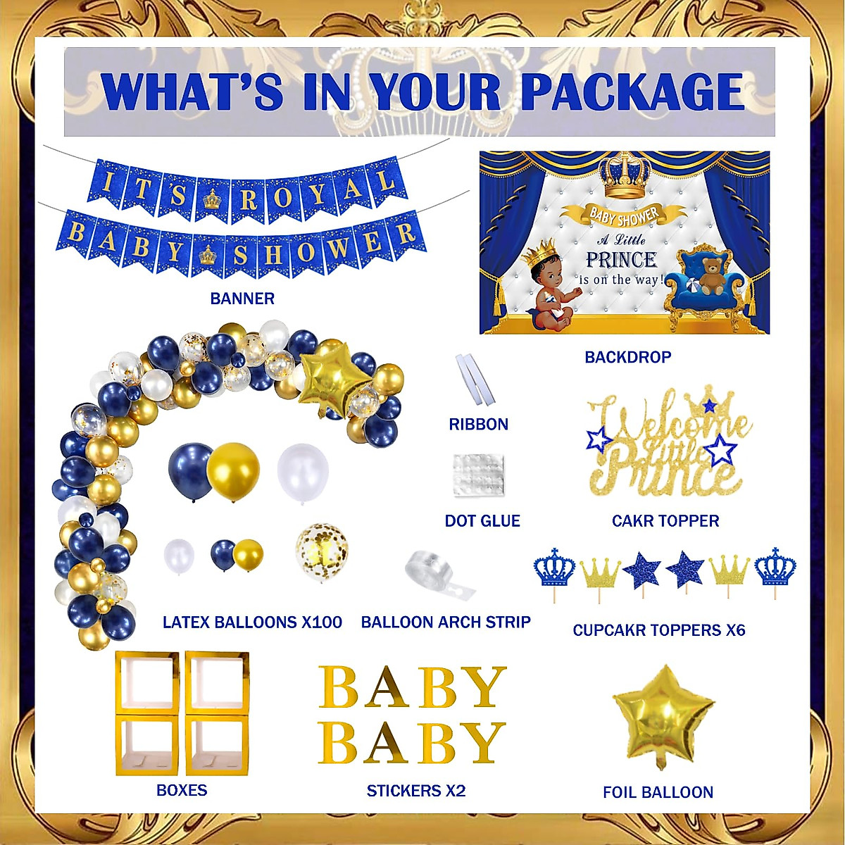 122 PCs Royal Prince Baby Shower Decorations for Boy, Fiesec A Little Prince Is On The Way Its Royal Baby Shower Backdrop Balloon Garland Banner Cake Cupcake Topper Crown Star Blue White Gold