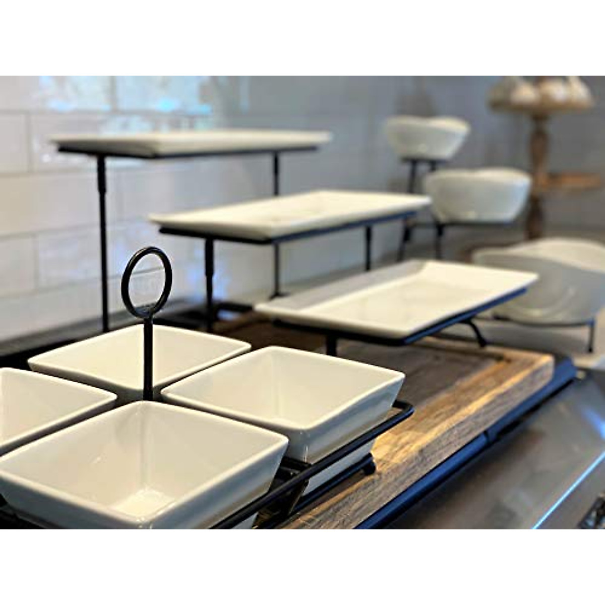 Partito Bella 3 Tier Swiveling Plate Rack Stand Including Three 12x6 Pro-Grade Porcelain Platters for Presentations of Any Kind – Thicker Sturdier Collapsible Stand and Stackable Platters