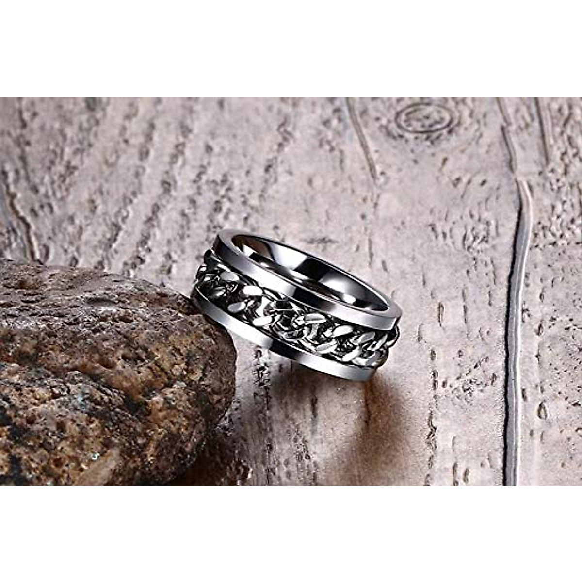 HIJONES Men Women Stainless Steel 8MM Class Spinner Chain Worry Ring Band for Anxiety People Silver Size 15