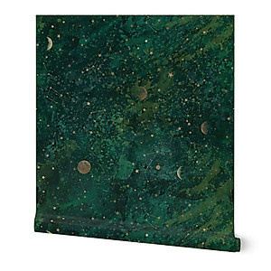 Removable Wallpaper 9ft x 2ft - Dark Green Moon Stars Bohemian Star Night Celestial Custom Pre-Pasted Wallpaper by Spoonflower