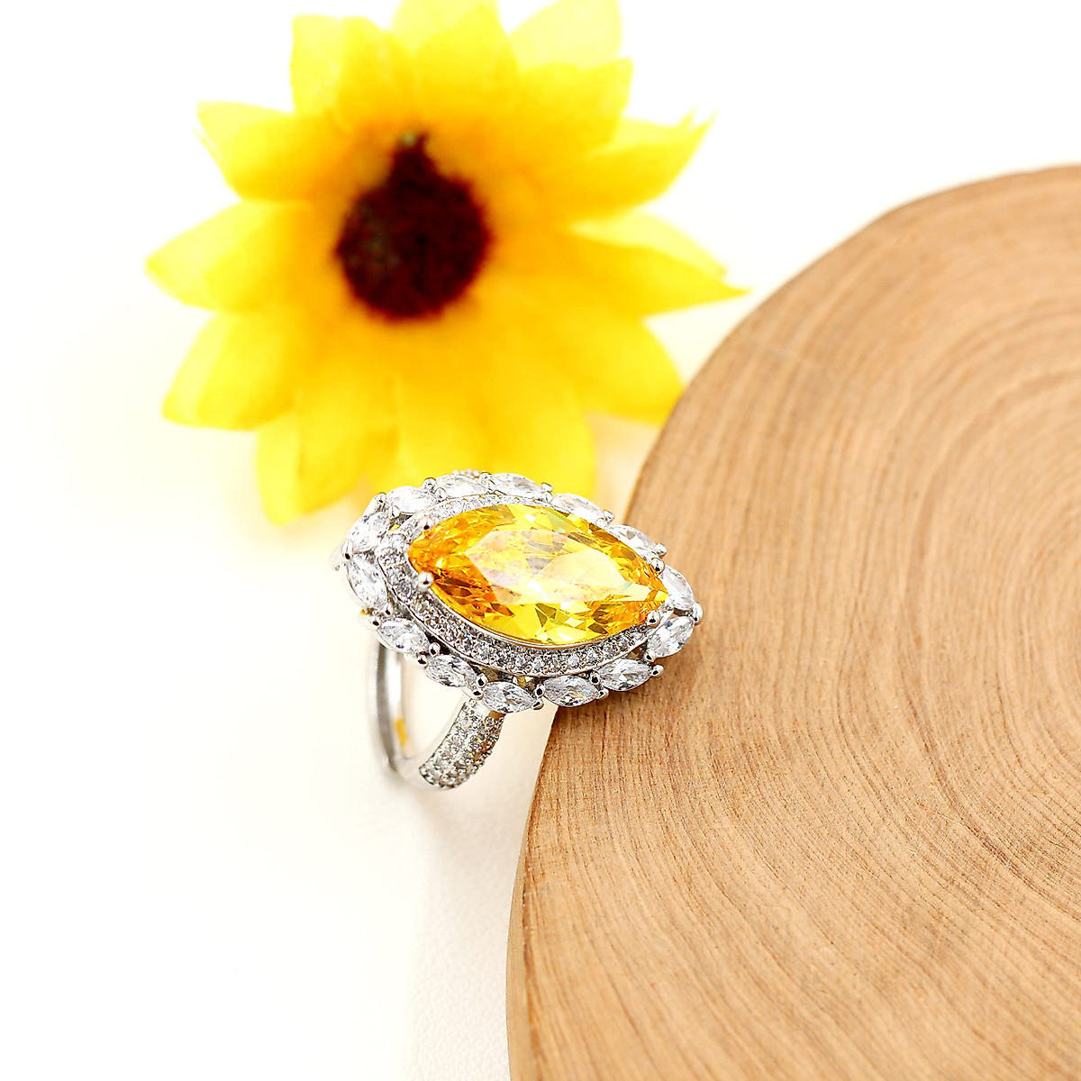 Uloveido Platinum Plated Olive-Shaped Marquise Golden Yellow Zircon Ring for Women, Simulated Citrine Full Citrine Open Ring Adjustable Y1828