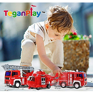 TeganPlay Fire Truck 3 Pack Friction Powered Fire Rescue Vehicle Car Set with Lights and Sounds Including Helicopter, Firefighter and Fire Engine Toys for Boys Toddlers