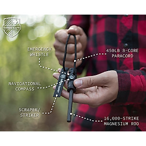 Swiss Safe 5-in-1 Magnesium Ferro Rod Fire Starter Survival Tool - Flint & Steel Striker, Compass, Paracord & Whistle - Emergency Kit for Backpacking, Camping, Hiking - All-Weather - Jungle, 2-Pack