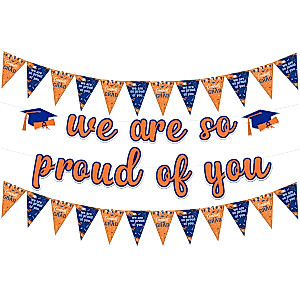 Fangleland We are So Proud of You Banner, Orange Blue Graduation Pennant Banner Decorations 2025, Congrats Grad Triangle Hanging Flag, Class of 2025 Graduate Ceremony Party Supplies