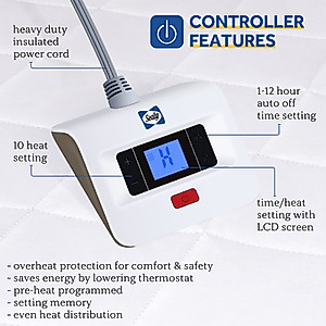 Sealy 3M Scotchgard Heated Mattress Pad | Quilted Cotton Electric Bed Warmer with 10 Heat Setting Controller | 1-12 Hours Auto Shut Off | 15" Deep All Around Elastic Pocket, Full