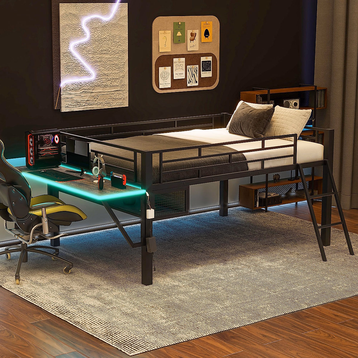 Bellemave Full Loft Bed with Desk, Gaming mid loft Bed with Desk, LED, Low loft Bed for Adults, Teens, Kids, Full loft Bed with Storage Space, Black