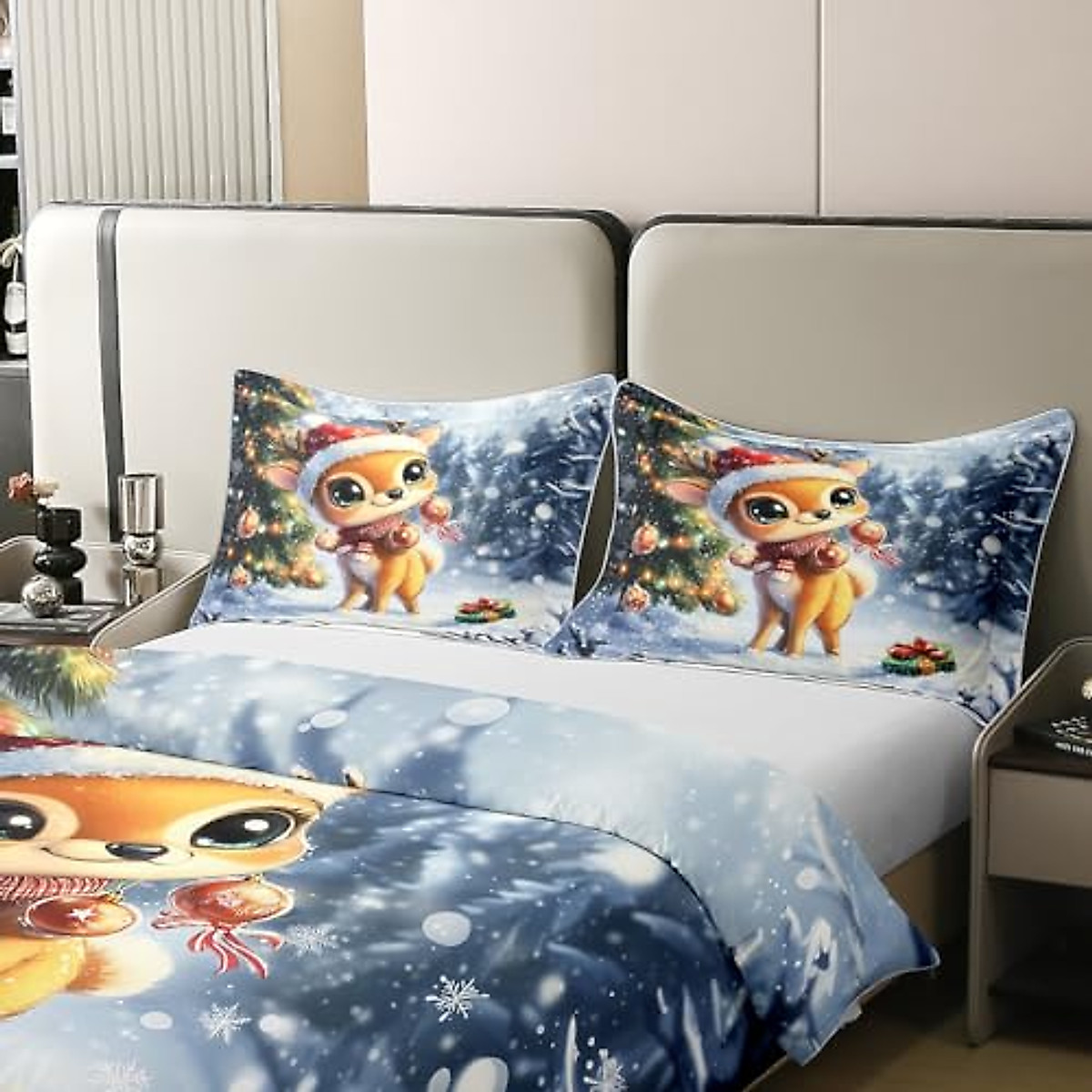 3D Kawaii Deer Bedding Set King Size Glitter Green Christmas Tree 100% Cotton Duvet Cover for Kids Boys Girls Teens Cartoon Cute Wild Animal Rustic Style Comforter Cover,2 Pillowcases(No Comforter)