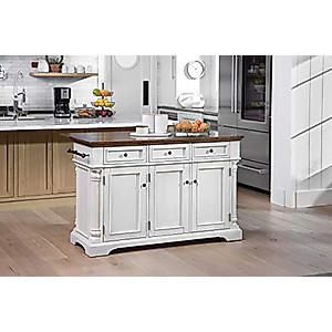 OSP Home Furnishings Cocina Kitchen Island with Wood Top, Drop Leaf and Decorative Steel Hardware, White and Brown