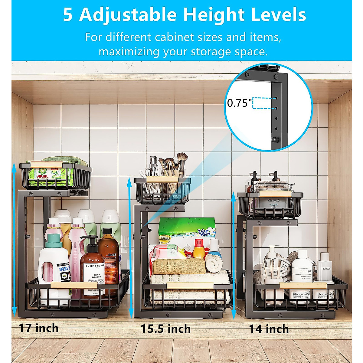 exilot 2 Pack Under Sink Organizer, Large 2 Tier Under Sink Organizer Storage, Height Adjustable Metal Pull Out Cabinet Organizer, Sliding Storage for Kitchen/Bathroom/Laundry Room.