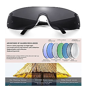 NULOOQ Rimless Y2K Sunglasses for Women Men Trendy Shield Wrap Around Sun Glasses Oversized Frameless Shades (Black/Gray)
