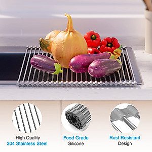 EMBATHER 20.8'' x 18.1'' Roll Up Dish Drying Rack Over The Sink, Dish Drying Rack for Kitchen Counter, Multipurpose Stainless Steel Foldable Kitchen Drainer Rack with Anti-Slip Silicone, Gray