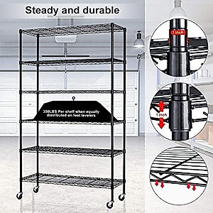 Storage Shelves Heavy Duty 6 Tier Wire Shelving Unit with Wheels Adjustable Metal Wire Shelf 48" L×18" W×82" H Standing Garage Shelves 2100 Lbs Weight Capacity Multifunctional Home Storage Rack, Black
