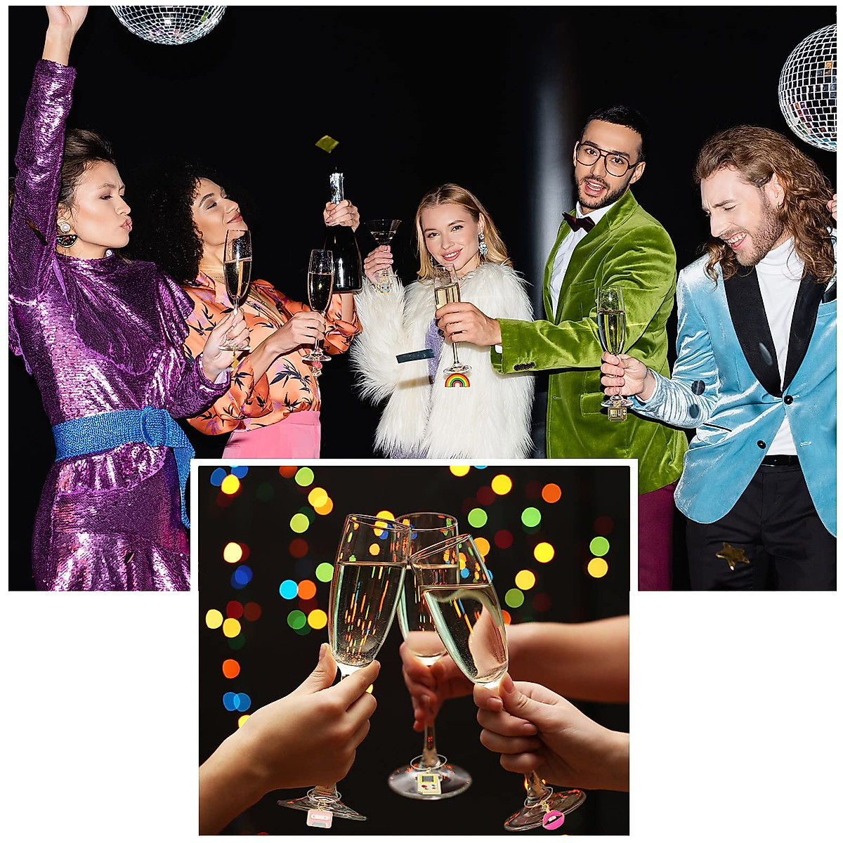 18 Pcs Wine Glass Charms Set 80's Vintage Markers Wine Glass Rings Tag Identification with Buckle and Drawstring Bag for Stem Glasses, Bachelorette Party, Wine Tasting Party Favors Decorations