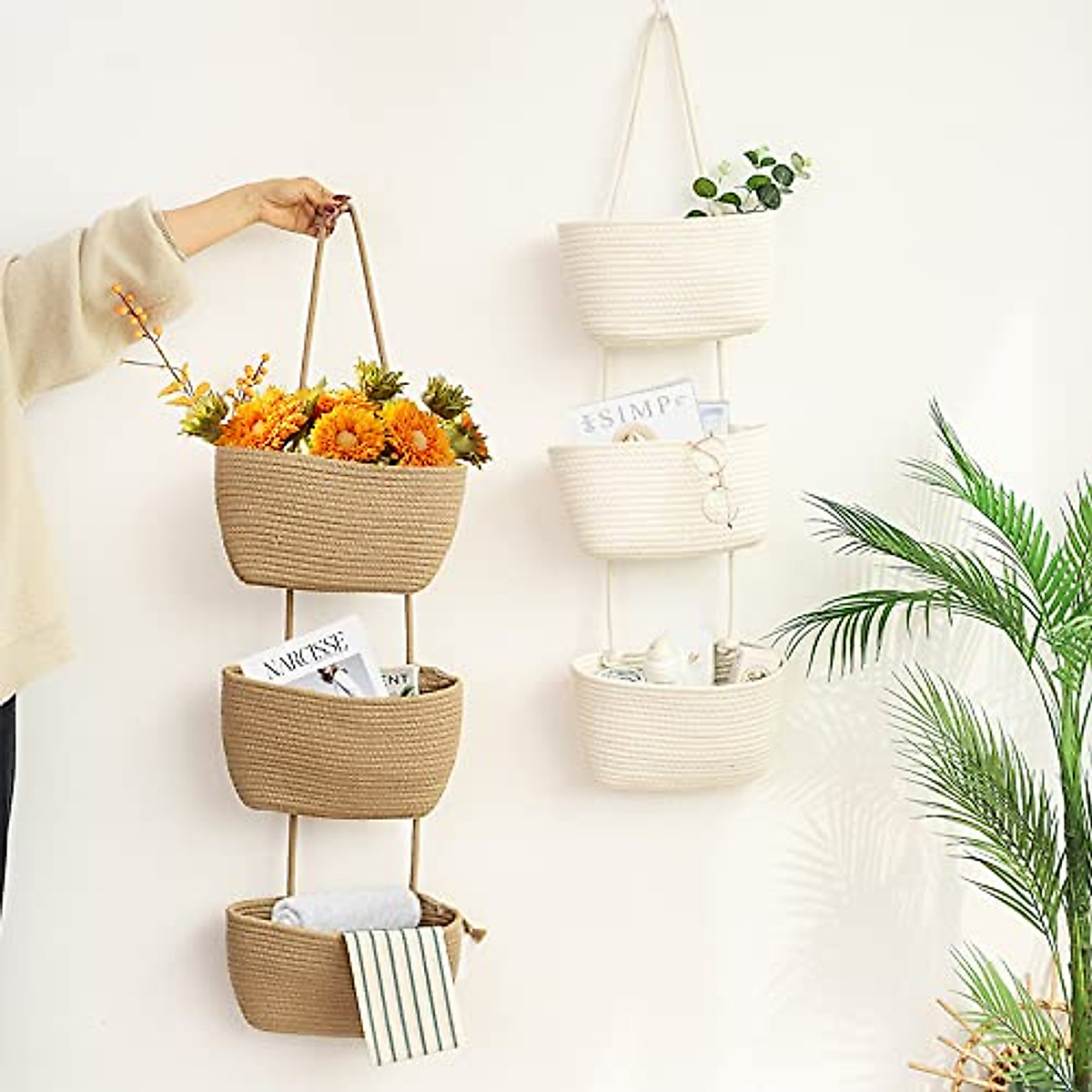 TeoKJ Over the Door Hanging Basket, 3-Tier Woven Cotton Wall-Mounted Storage Organizer Bag Decorative Hanging Kitchen Baskets - Jute