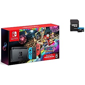Nintendo Switch with Neon Blue and Neon Red Joy-Con, Mario Kart 8 Deluxe (Full Game Download), 3 Month Nintendo Switch Online Individual Membership, KKE 128GB MicroSD Card Holiday Bundle (Renewed)