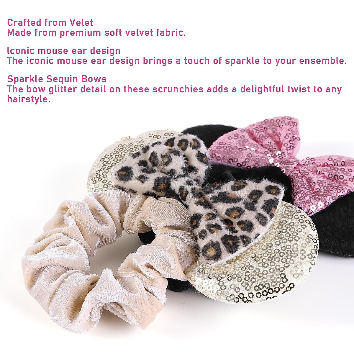 6 Pcs Mouse Scrunchies,Shiny Bows Mouse ears for Birthday Parties, Themed Events, A Perfect Addition to Your Trip Essentials and Accessories For women