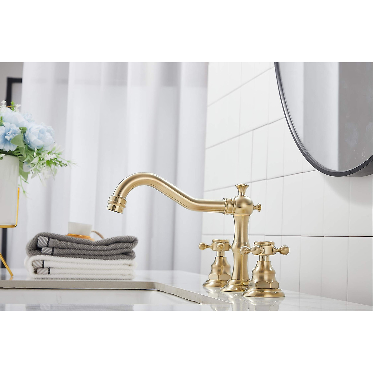 2 Handles Bathroom Faucet GGStudy Brushed Gold 2 Handles 3 Holes Widespread Bathroom Sink Facuet Farmhouse Washingroom Faucet Mixer Tap