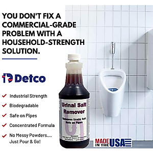 Detco Urinal Salt Remover Concentrate - Safe on Pipes and Plumbing, Odor Control, Cleans Rust, Scale, and Uratic Salt Build-Up, 1 Quart