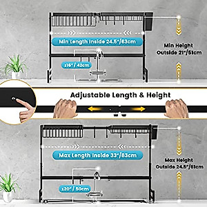MERRYBOX Over The Sink Dish Drying Rack, SS65-03 Adjustable Length (25.6-33.5in) and Height Over Sink Dish Rack, Dish Drainer with Dishware Holder & Hooks for Kitchen Sink Organizer Space Saver