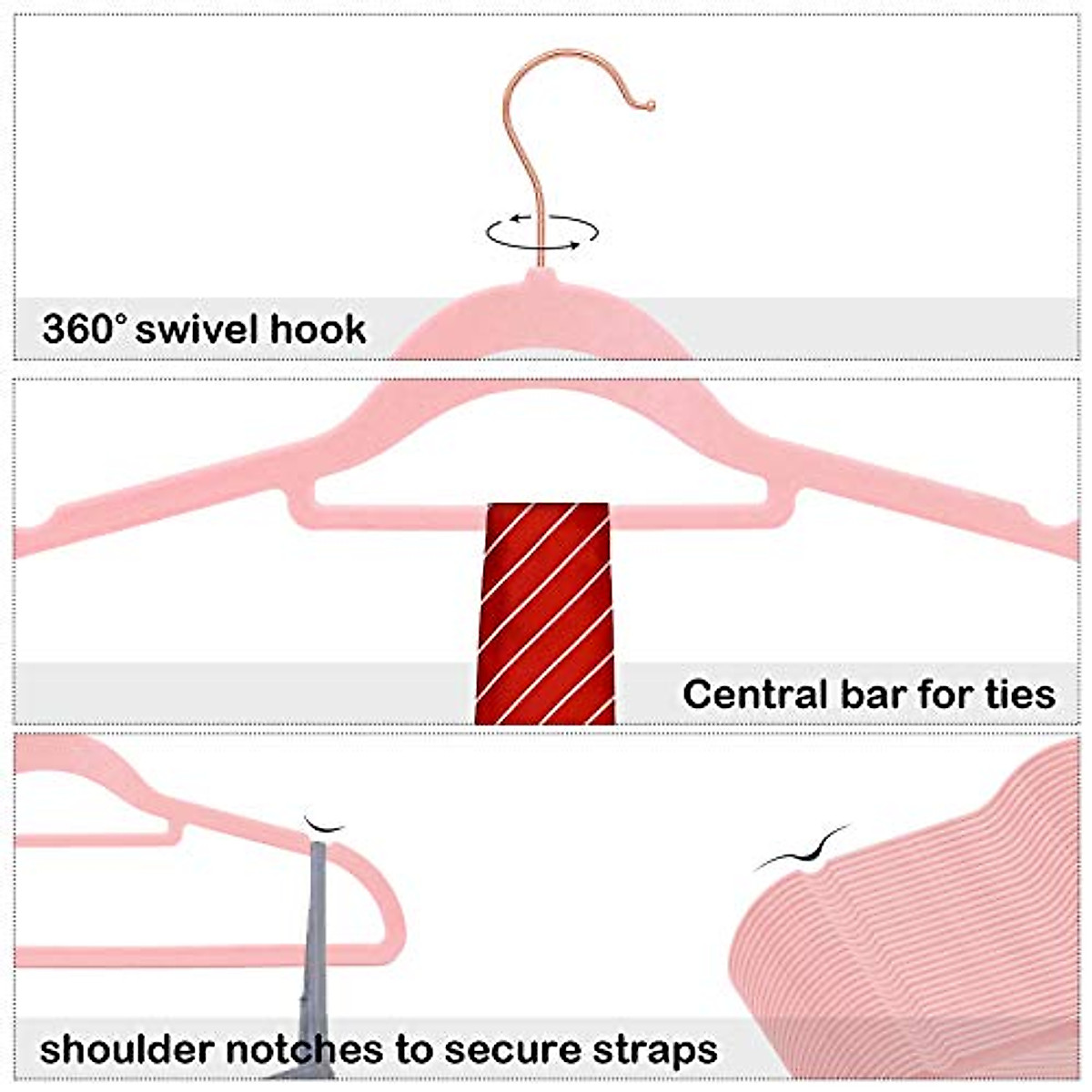 BBFISH Premium Velvet Hangers Home Non-Slip Clothes Hanger 50 Pack Ultra Thin Space Saving with 360° Swivel Rose Gold Hook Strong and Durable Coat Hangers (Pink)