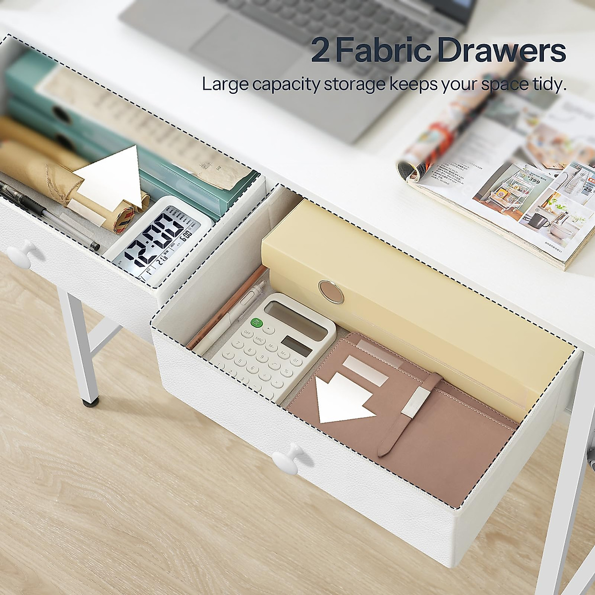 HOOBRO Small White Computer Desk with Power Outlet, 32 Inch Home Office Computer Desk with 2 Fabric Drawers, Study Desk for Small Spaces, with Side Pocket, for Study, Living Room, White WW42UDN01