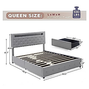 HOMFAMILIA Queen LED Bed Frame with 4 Storage Drawers and 2 USB Ports, Modern Adjustable Upholstered Button Tufted Headboard, Solid Wooden Slat Support, No Box Spring Needed(Light Grey)