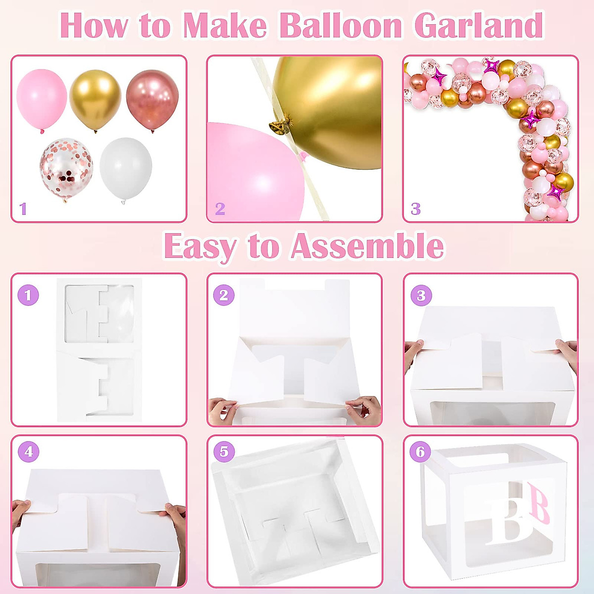 Winrayk 145Pcs Baby Shower Decorations for Girl Baby Boxes with Letters (Baby Girl+A-Z) & Rose Gold Pink Balloon Arch & Backdrop Tablecloth & Bowtie Heart Balloon Princess Girl Baby Shower Decorations
