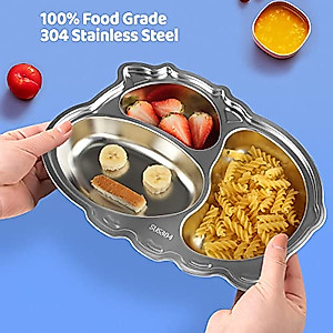 HOLIPOT 304 Stainless Steel Divided Plates, Food-Grade Toddlers Babies Kids Tray, 1300 Ml Toddler Plates with Suction, Self Feeding Training Kids Plates,Fits for Most High chairs Trays(Hippo)
