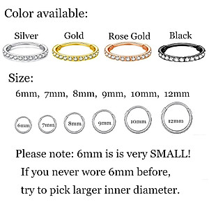 L7L7WM CZ Hinged Segment Nose Rings Hoop 316L Surgical Steel Cubic Zirconia Conch Daith Helix Tragus Body Piercing Jewelry Lip Rings Cartilage Earrings 20G 18G 16G Stainless Steel Septum Clicker Ring,