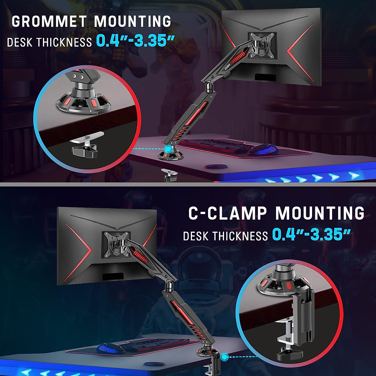 MOUNT PRO Single Gaming Monitor Stand - Mechanical Spring Monitor Mount, Adjustable Gaming Monitor Arm with C Clamp and Grommet Mounting Base - Fits for Computer Screen up to 32”, VESA 75x75, 100x100